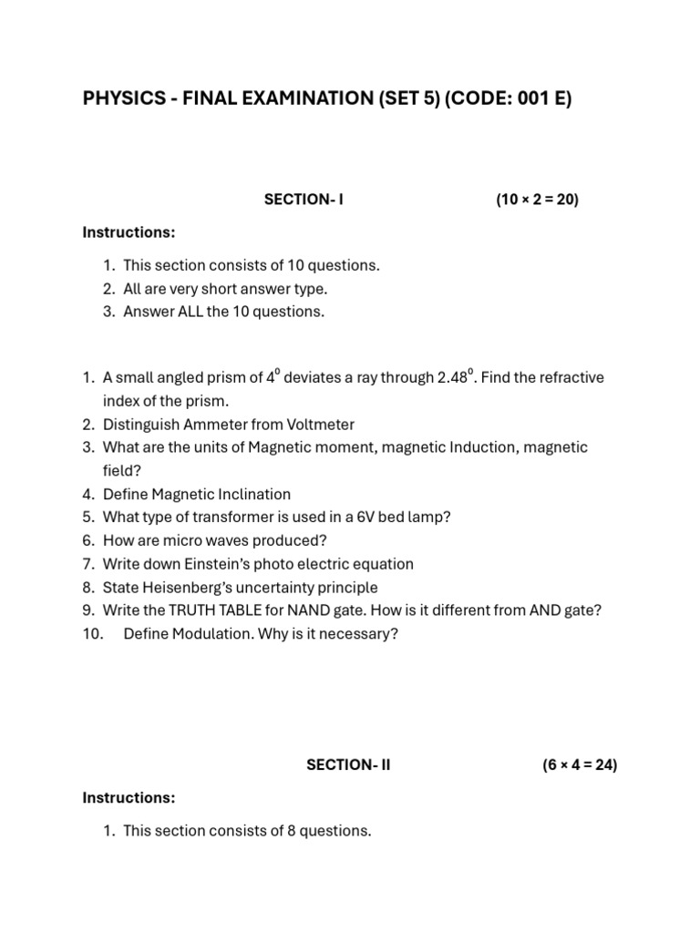 Physics Final Exam Set 5 Questions | PDF