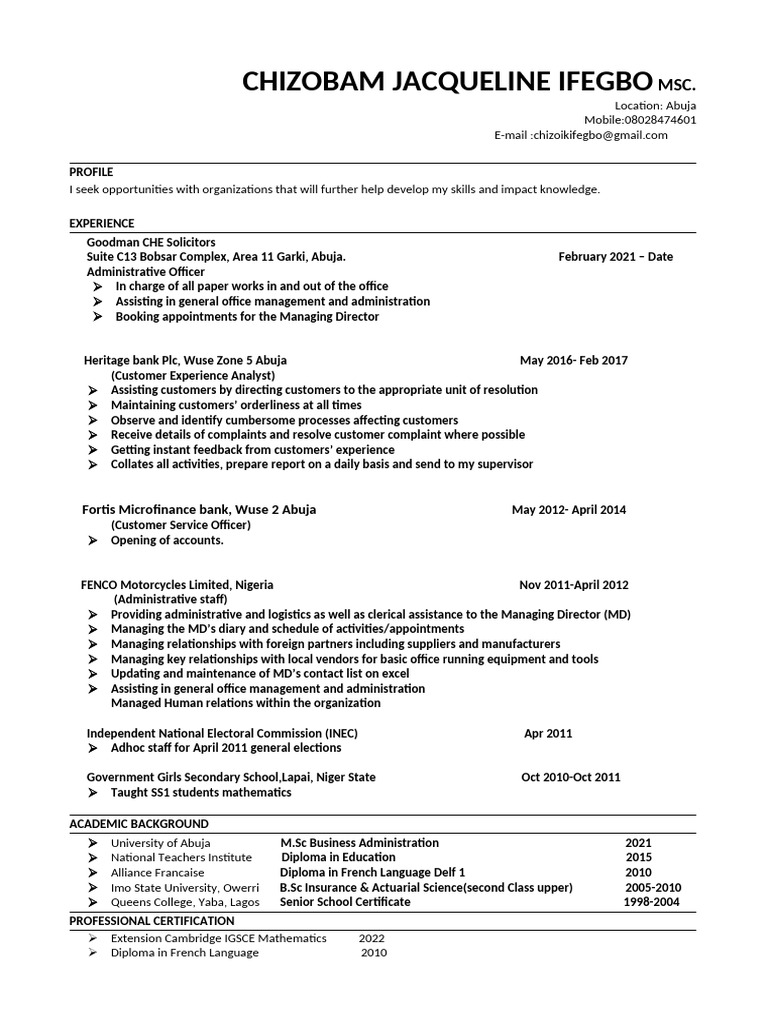 Jacqueline Chizos CV Admin | PDF