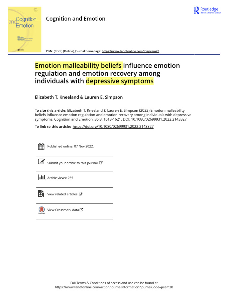 Emotion Malleability Beliefs Influence Emotion Regulation and Emotion Recovery Among Individuals ...