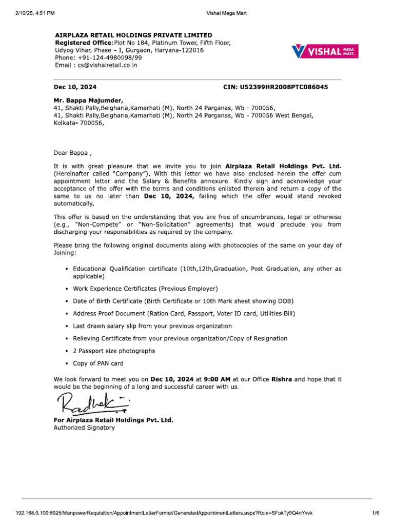 Appointment Letter | PDF