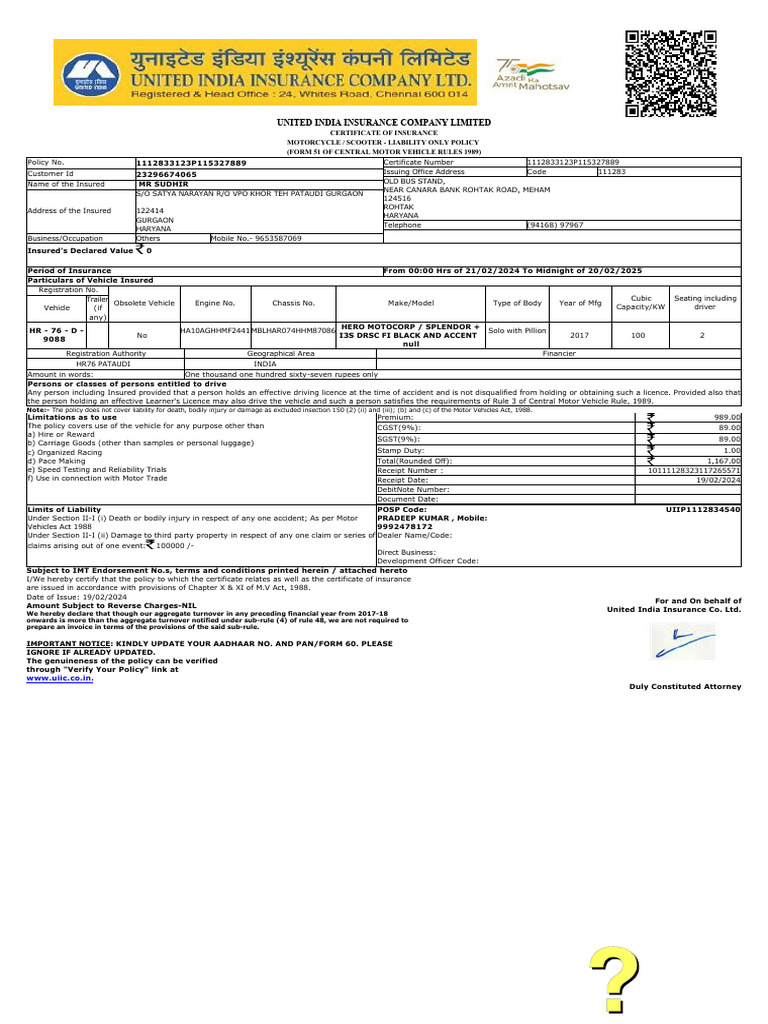 United India Motorcycle Insurance Certificate | PDF | Insurance ...