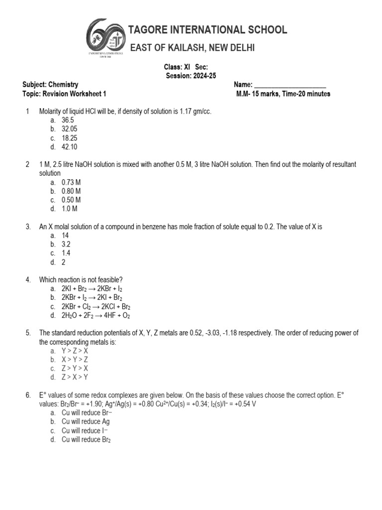 Revision Worksheet 1 - Objective (Basic & Redox) | PDF | Chemical ...