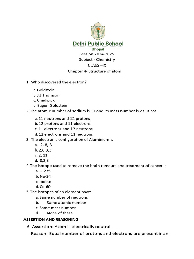 WORKSHEET CH 4 CLASS 9 | PDF | Atoms | Chemical Elements