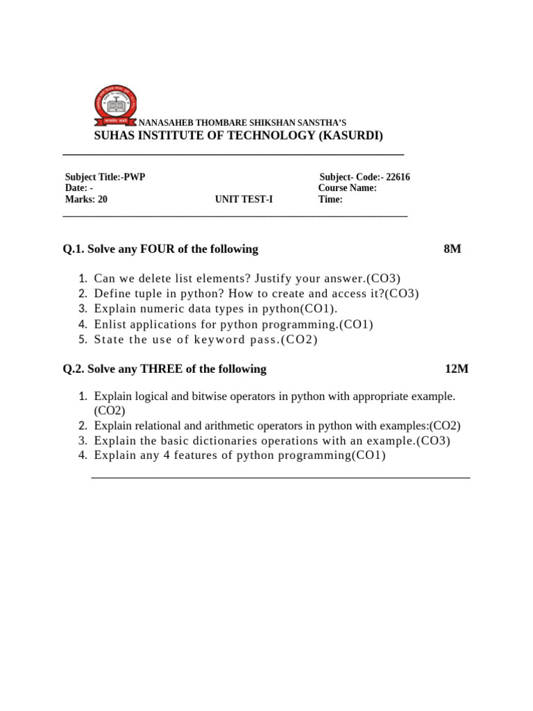 PWP UNIT TEST 1 (20mark) | PDF