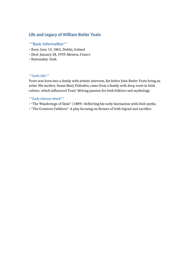 William Butler Yeats: Life & Legacy | PDF | W. B. Yeats | Poetry