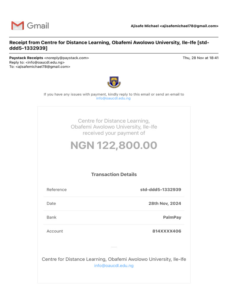 Receipt From Centre For Distance Learning, Obafemi Awolowo University ...