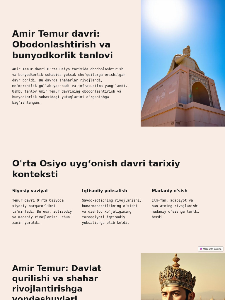 Amir Temur Davri Obodonlashtirish Va Bunyodkorlik Tanlovi (1) | PDF