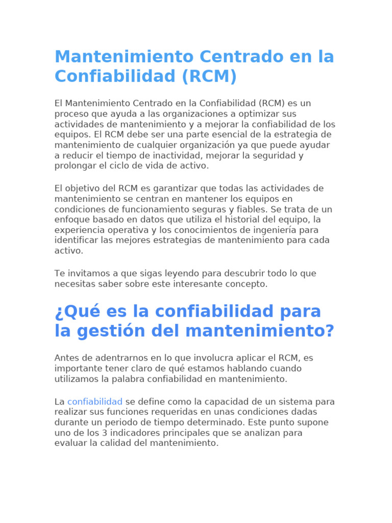 Mantenimiento Centrado en La Confiabilidad (RCM) | PDF | Ingeniería de confiabilidad | Indicador ...