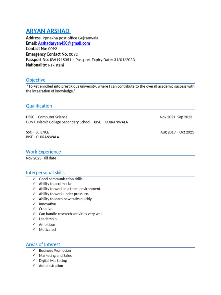 CV - Aryan Arshad | PDF