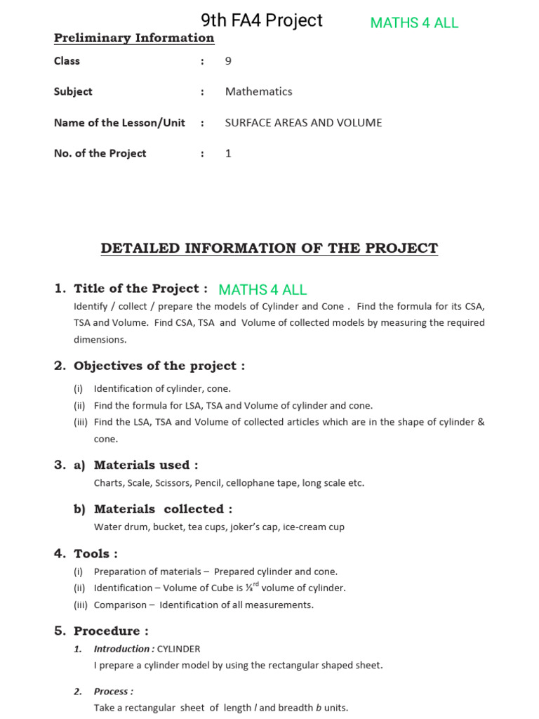 9th Fa4 Project (Maths 4 All) | PDF | Area | Volume