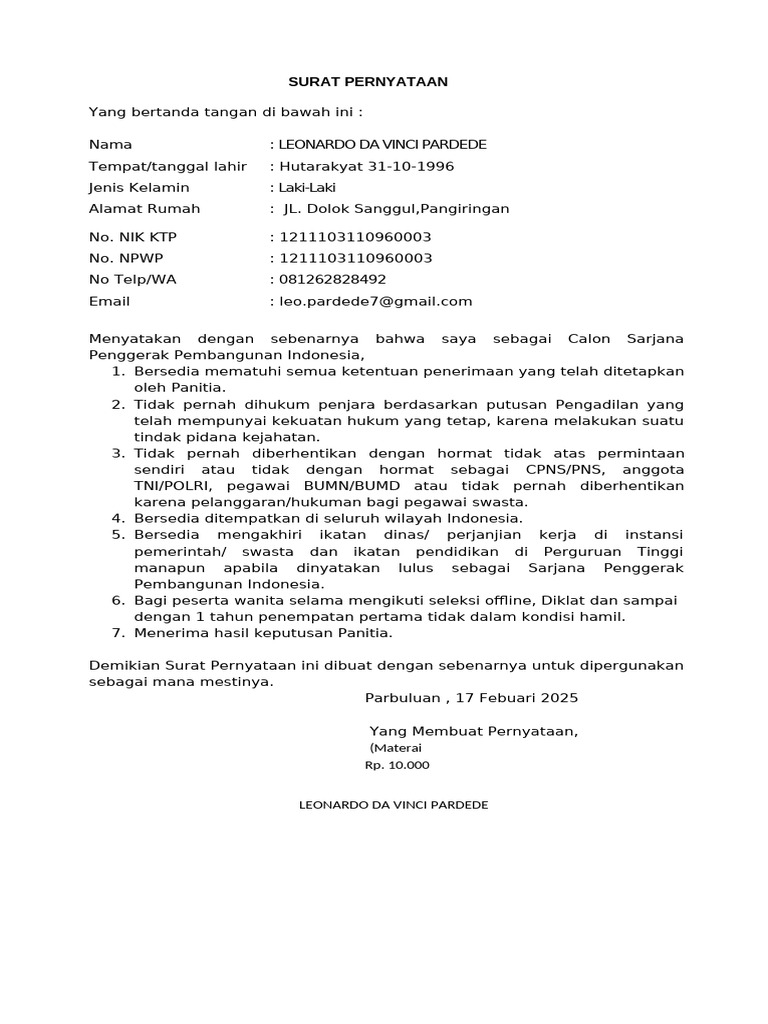 Surat Pernyataan Sppi BGN 2025. | PDF