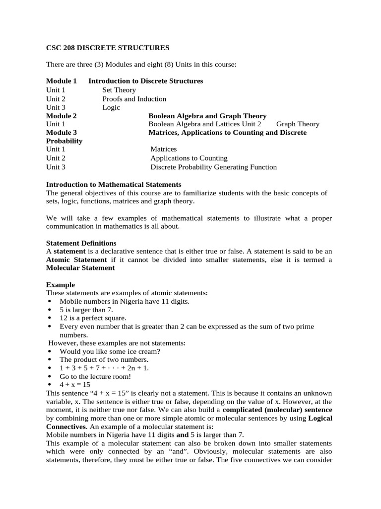 1717690877-Csc 208 Discrete Structures Lecture 1 Set | PDF | Discrete Mathematics | If And Only If