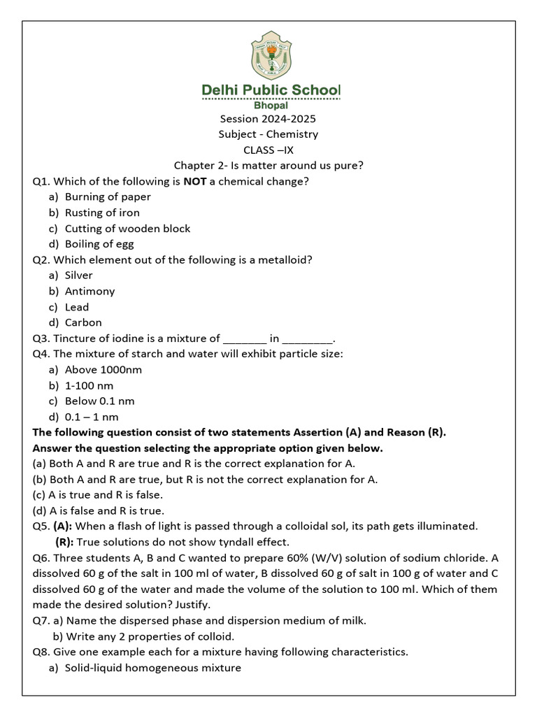 Class 9 CHEMISTRY Worksheet 1 CH. 2 | PDF