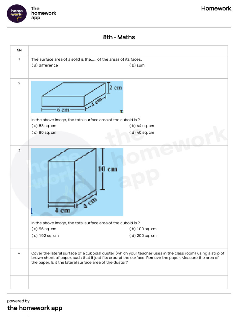 8th Grade Math Homework: Surface Area | PDF | Area | Length