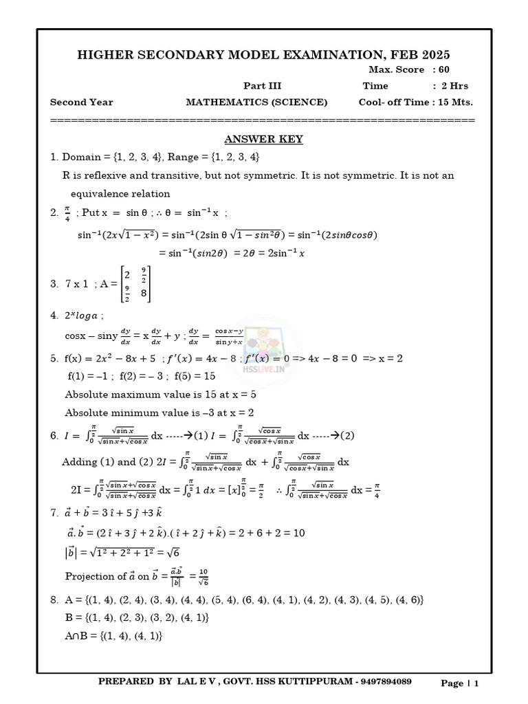 Hsslive Xii Maths Model Exam Key 2025 | PDF | Functions And Mappings | Abstract Algebra