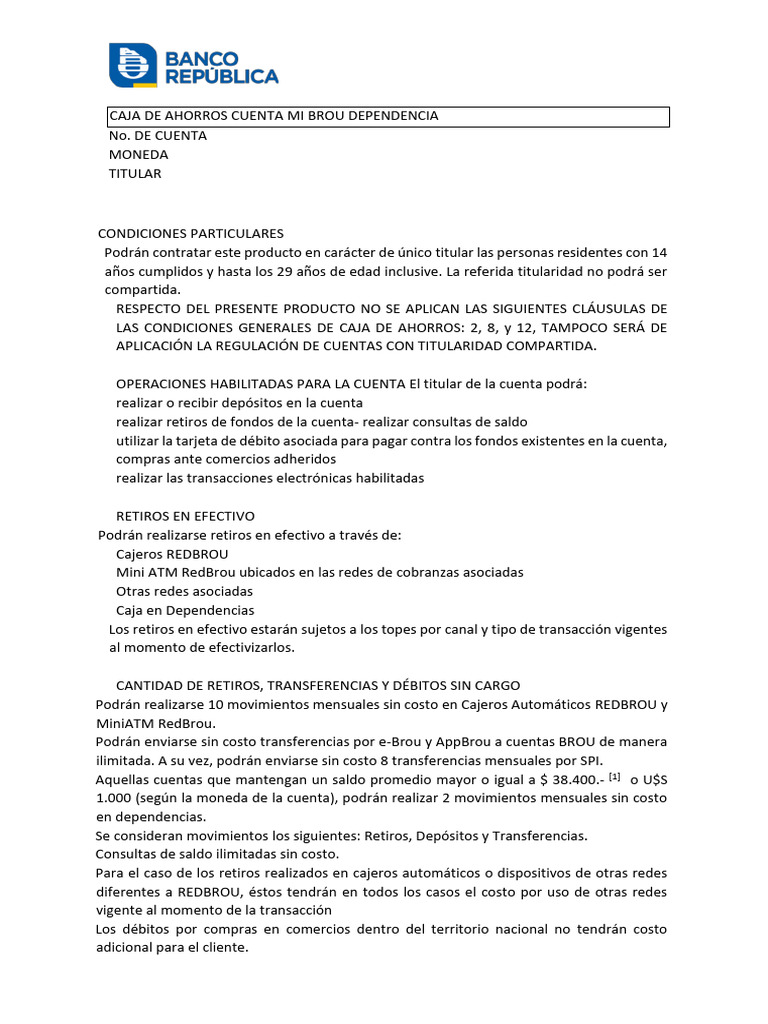 Condiciones Particulares Cuenta MI BROU | PDF | Bancos | Efectivo