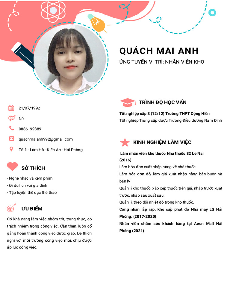 Quách Mai Anh: Ứng Tuyển Vị Trí: Nhân Viên Kho | PDF