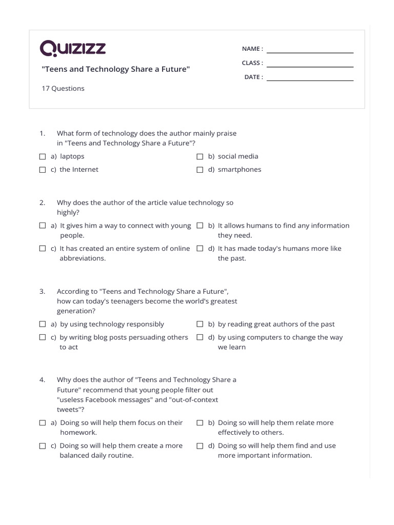 Teens and Technology Share A Future Print - Quizizz | PDF