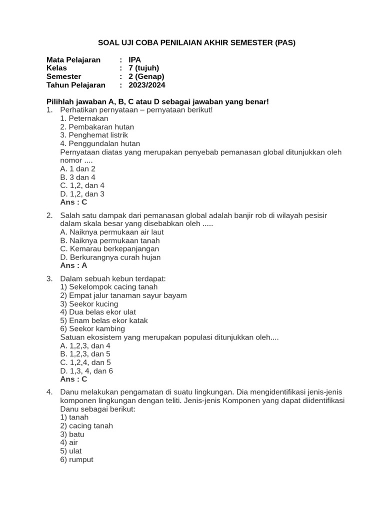 Soal PAT IPA Kelas 7 Semester 2 | PDF