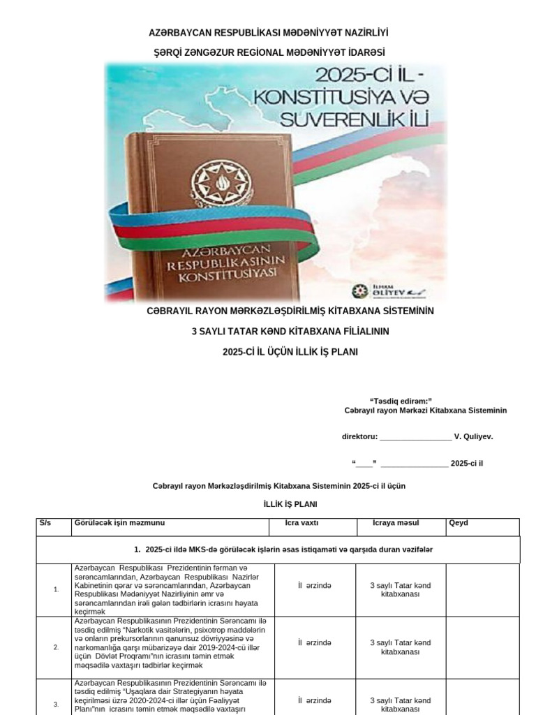 TATAR-Cəbrayıl Kitabxana Illik Planı-2025 | PDF