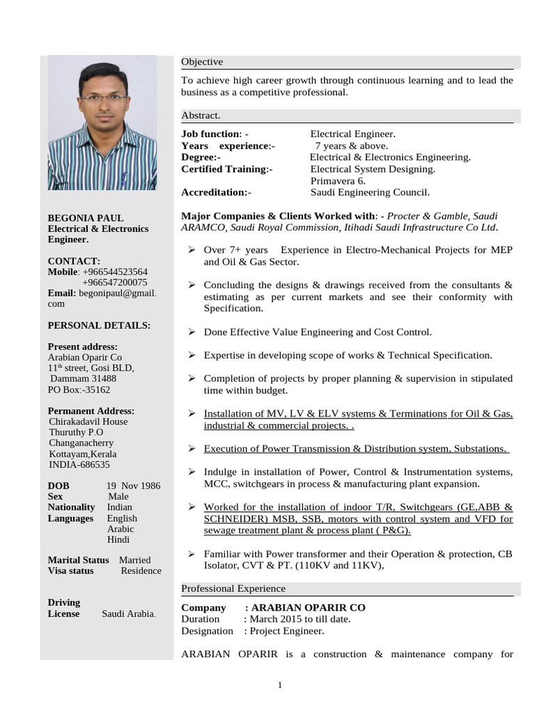 Electrical Engineer Resume: Begonia Paul | PDF | Specification ...