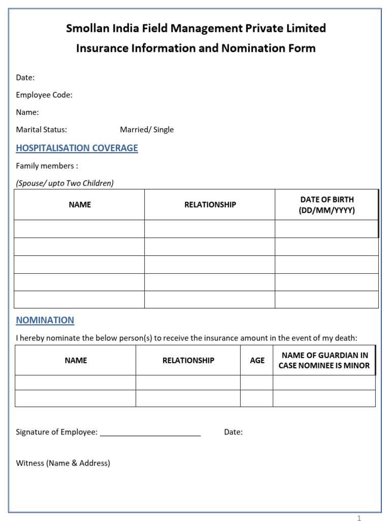 Smollan India Insurance Nomination Form | PDF