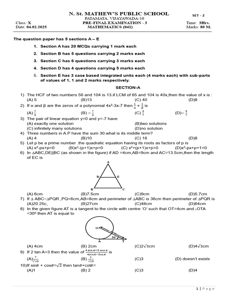 Class - 10 - Pre-Final - 3 - Maths - Set - 2 | PDF | Circle | Area