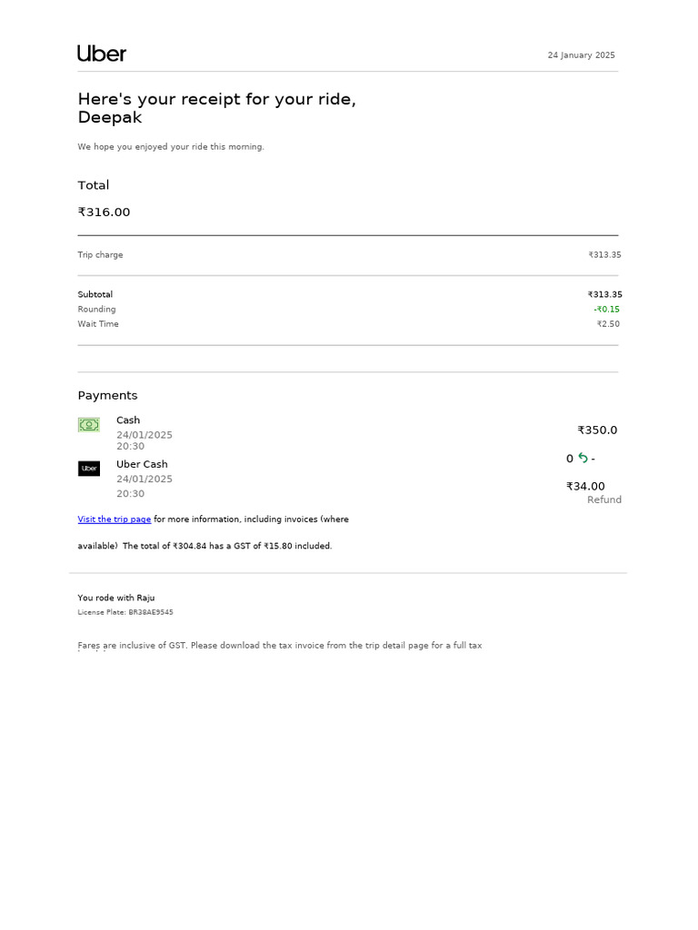 Uber Ride Receipt - January 2025 | PDF