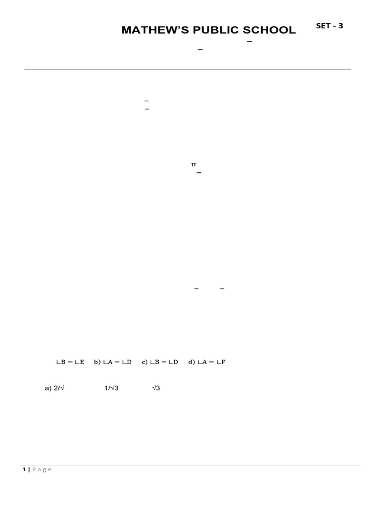 Class - 10 - Pre-Final - 3 - Maths - Set - 3 | PDF | Circle | Area