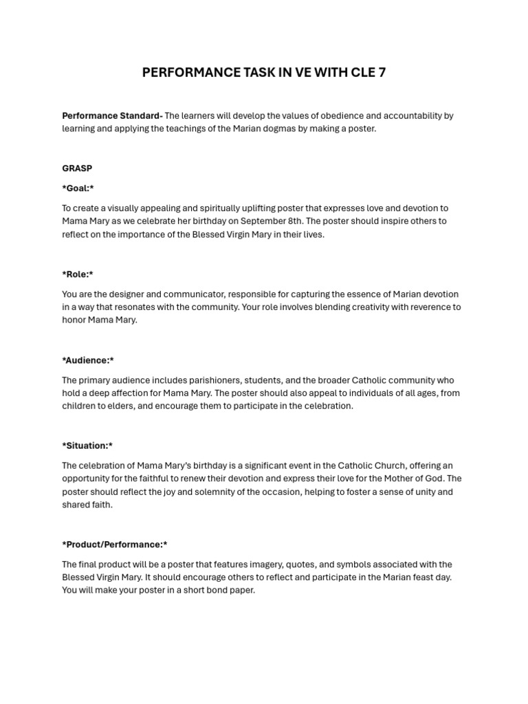 Grade 7 Performance Task in Ve With Cle | PDF | Mary, Mother Of Jesus