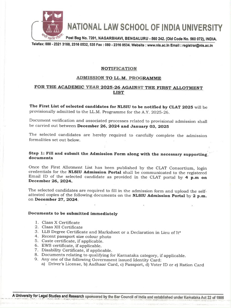 Admission Notification 2025 LLM Programme | PDF