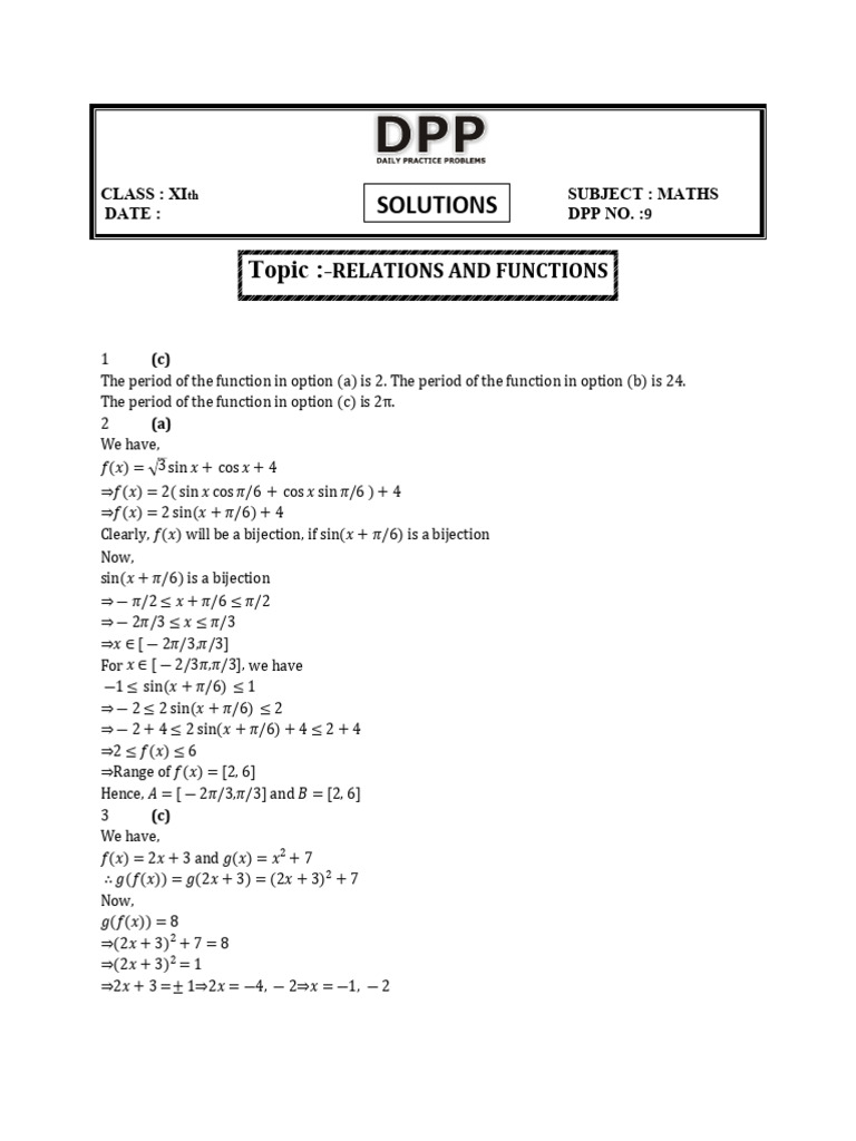 Class XI Maths DPP Solutions 9 | PDF | Mathematical Analysis