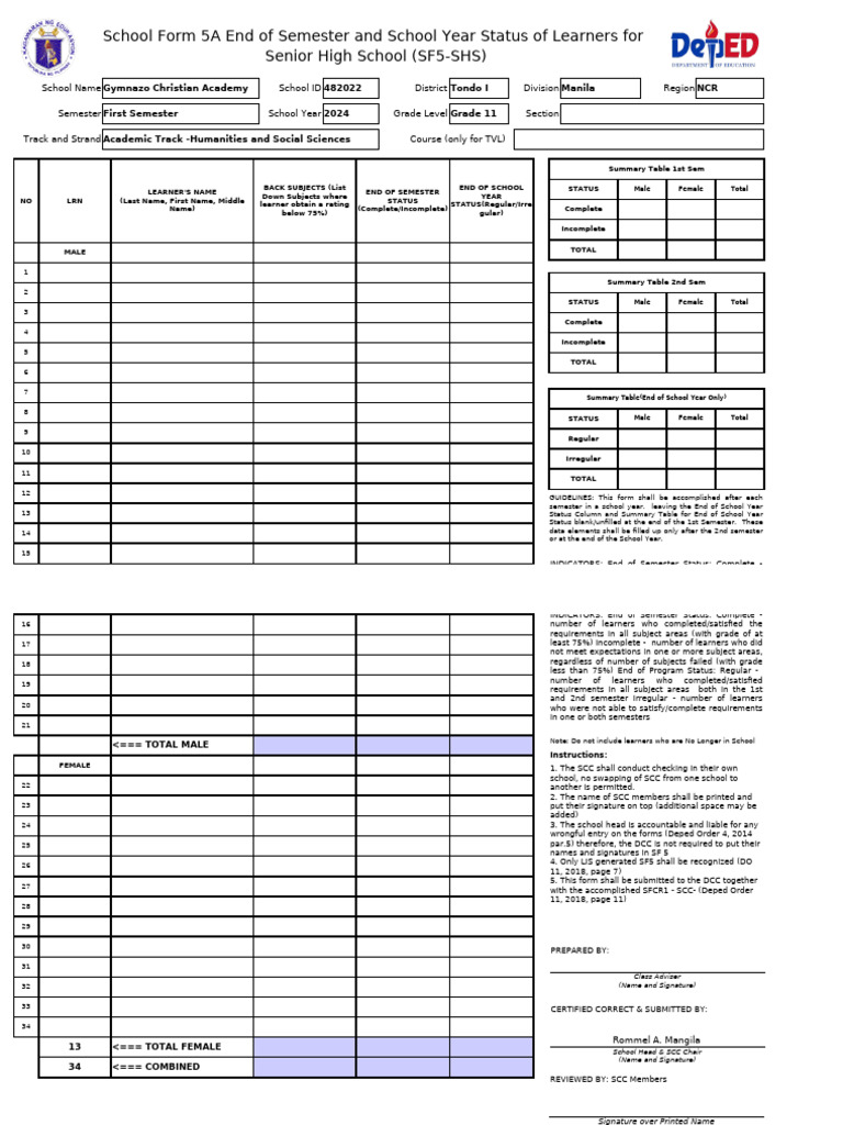School Form 5A Template | PDF