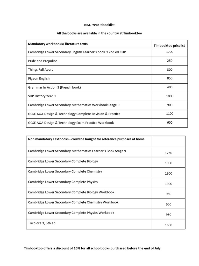 BISG 2024-25 Year 9 Booklist | PDF