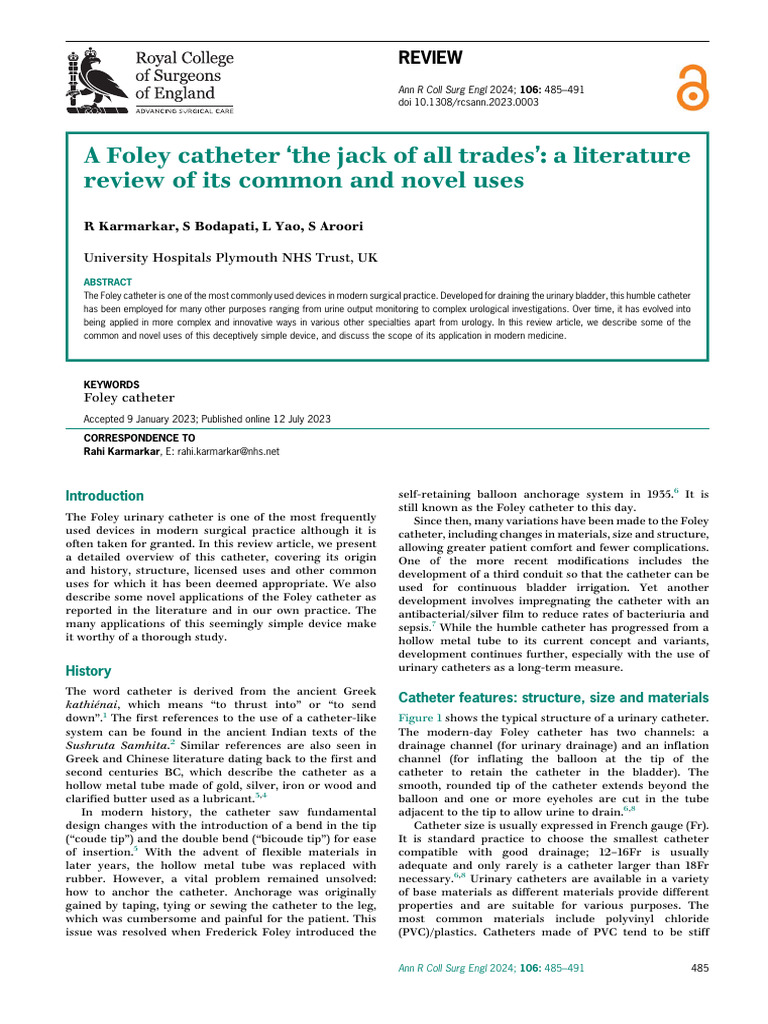 A Foley Catheter The Jack of All Trades: A Literature Review of Its ...