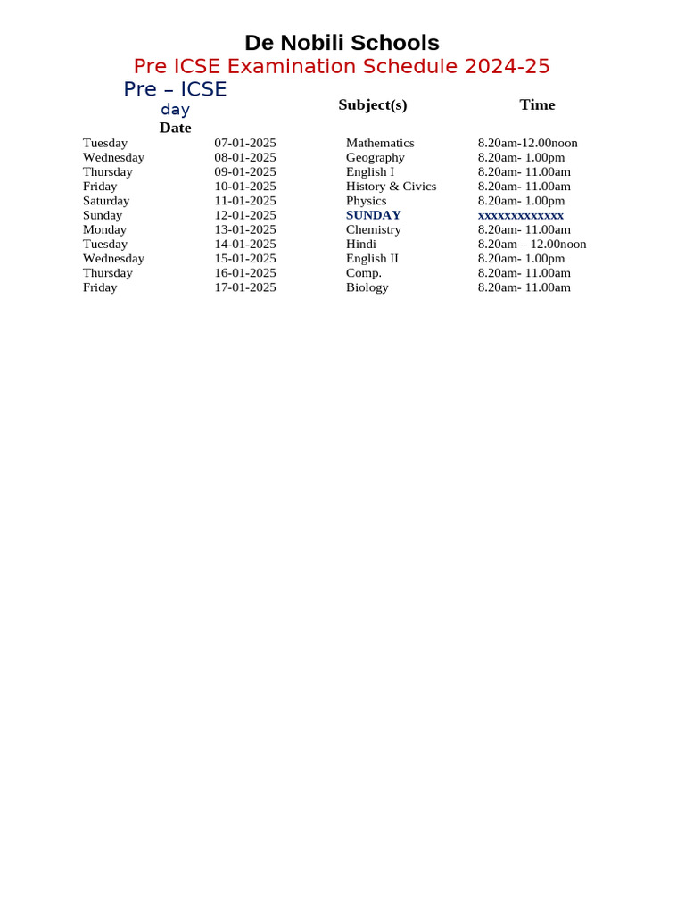 De Nobili Schools Pre-ICSE Exam Schedule 2025 | PDF