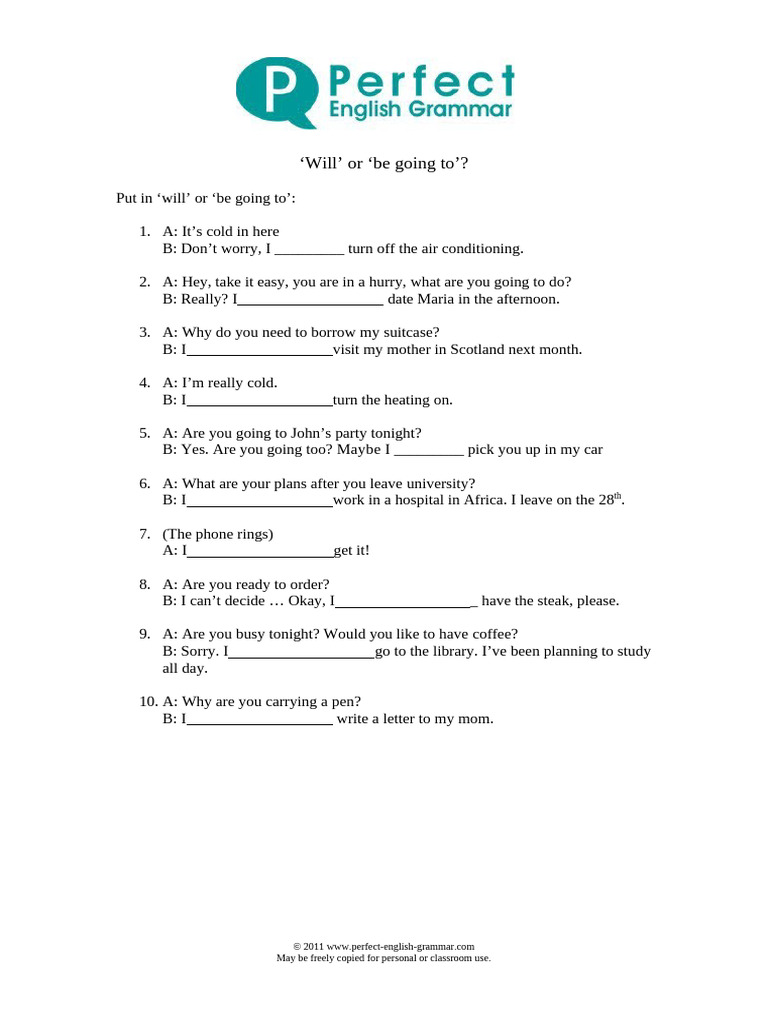 Grammar Exercise: Will vs. Going To | PDF