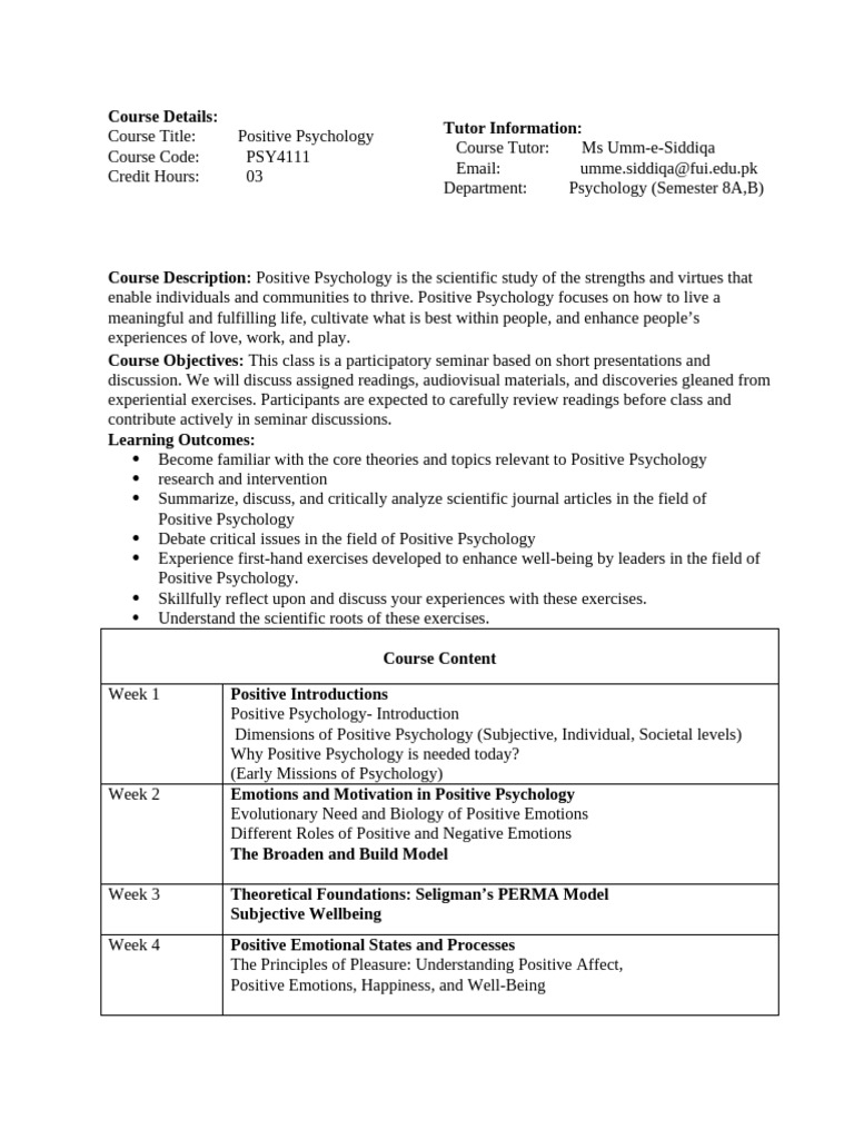 Positive Psychology Course Outline | PDF | Positive Psychology | Well Being