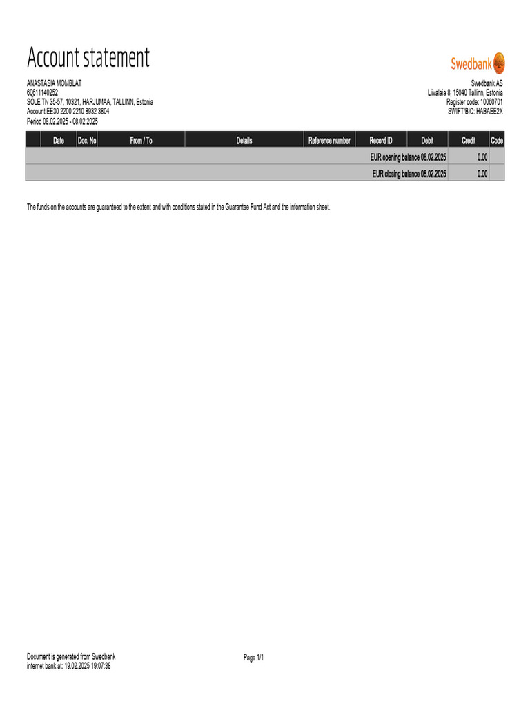 Swedbank Account Statement 08.02.2025 | PDF
