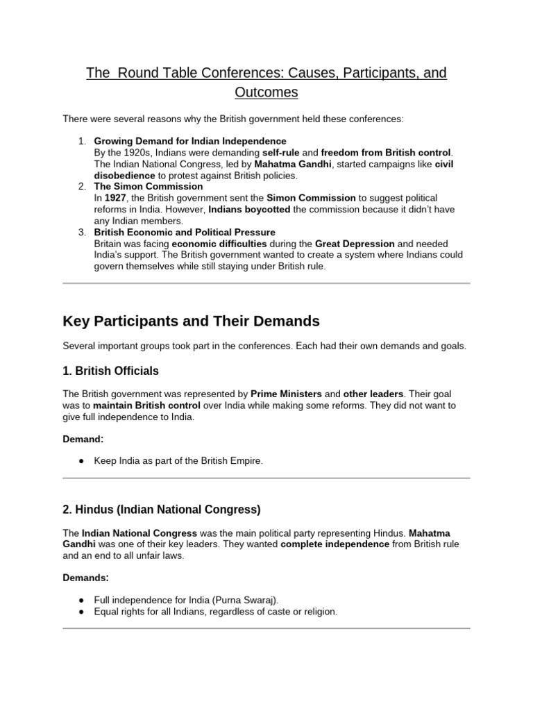 The Round Table Conferences - Causes, Participants, and Outcomes | PDF ...