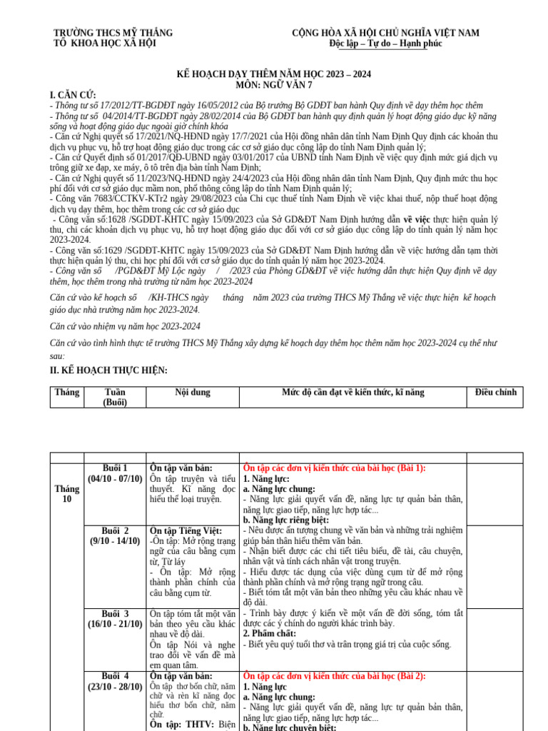 KHDT Văn 7 NH 23-24 | PDF