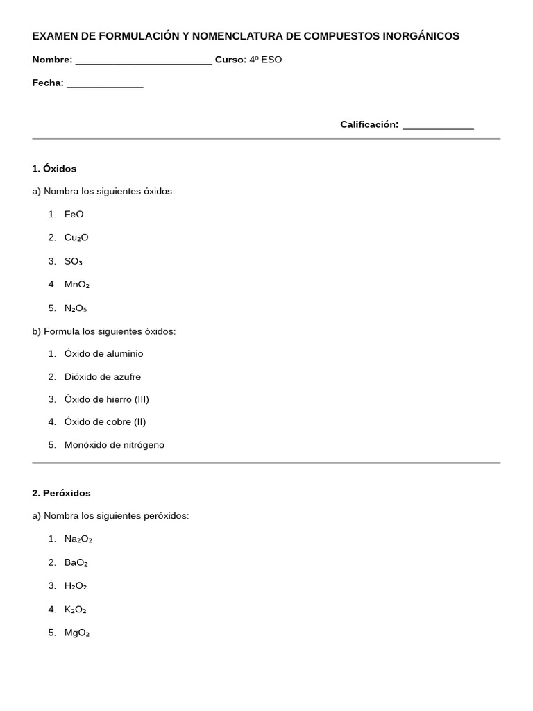 Examen de Formulación y Nomenclatura de Compuestos Inorgánicos | PDF