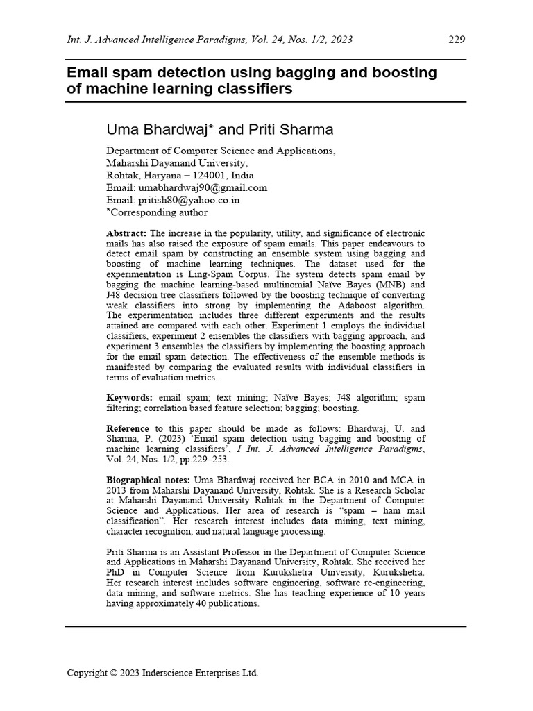 Bhardwaj Sharma 2022 Email Spam Detection Using Bagging and Boosting of Machine Learning ...