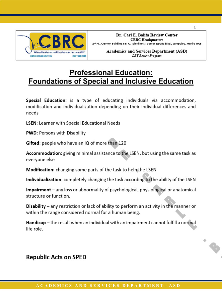 Ped10 Handout Foundation of Special and Inclusive Education | PDF ...