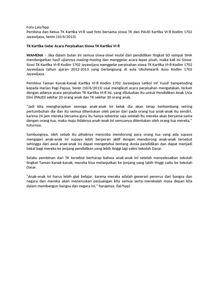 TK Kartika VI-8 Gelar Acara Perpisahan Siswa TK Kartika VI | PDF