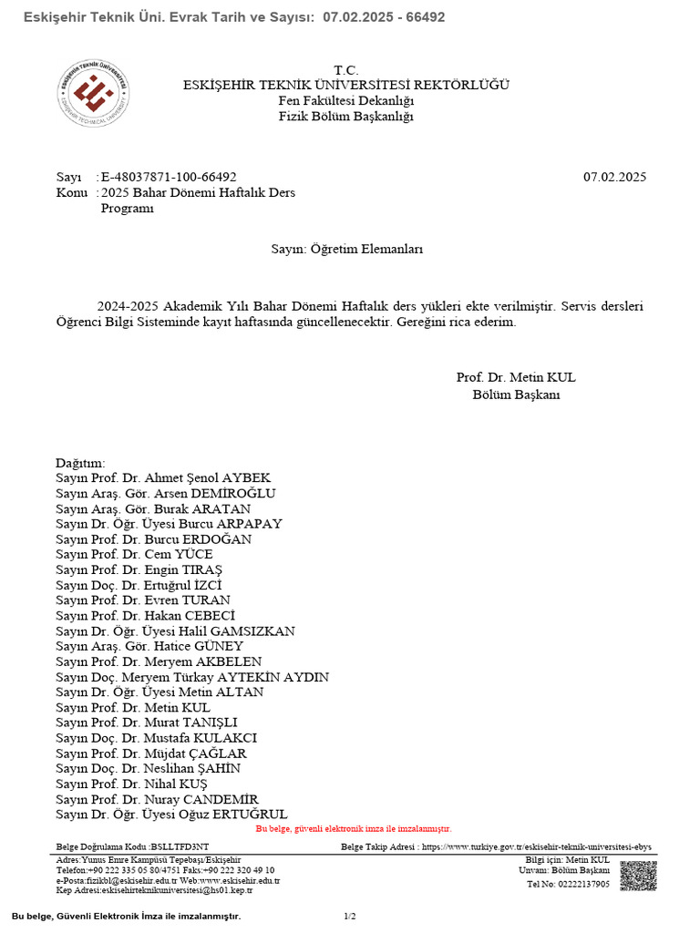 2025 Bahar Donemi Haftalik Ders Programi | PDF