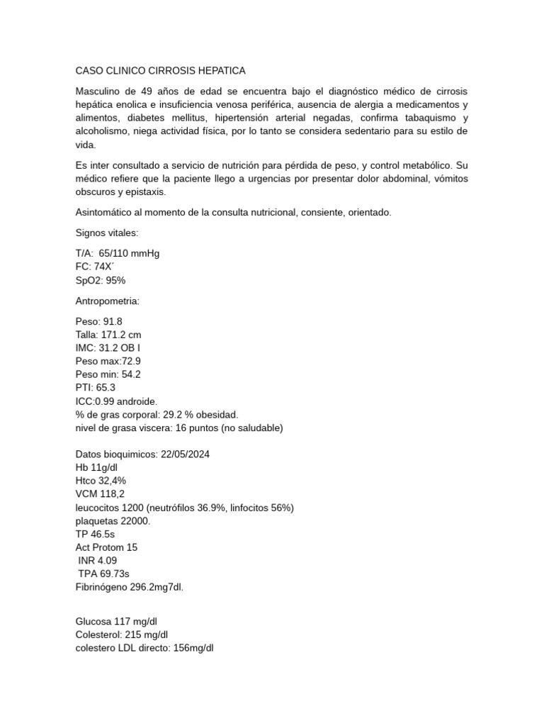 Caso Clinico Cirrosis Hepatica | PDF | Especialidades Medicas | Nutrición