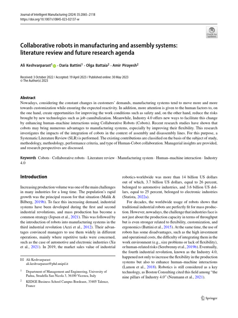 Collaborative Robots in Manufacturing and Assembly Systems | PDF | Systematic Review | Methodology