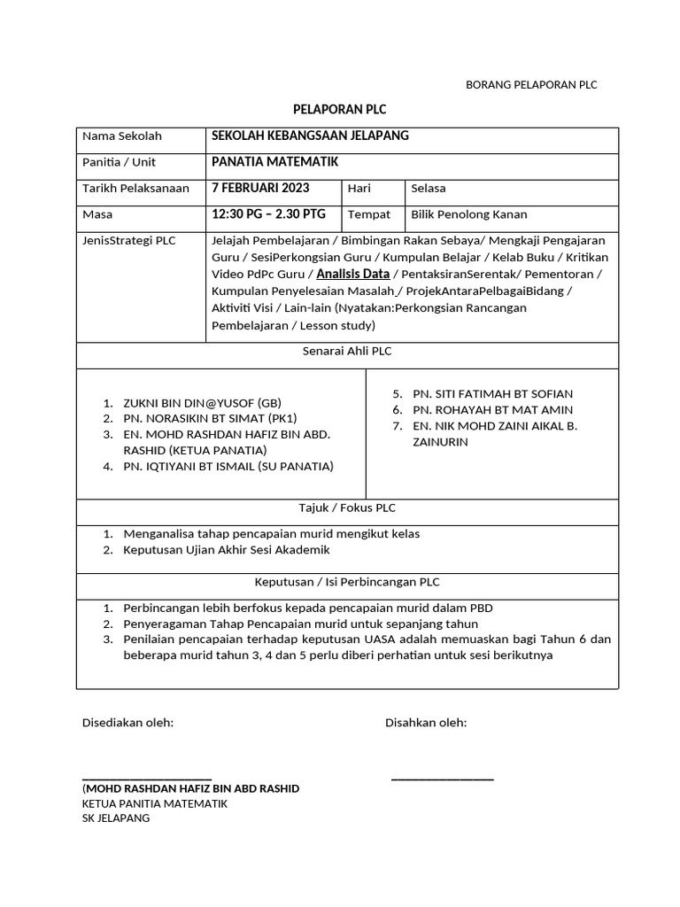 BORANG PELAPORAN PLC Matematik 1-2023 - 2024 | PDF