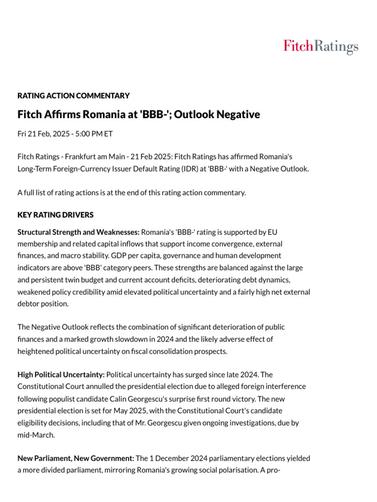 Fitch Affirms Romania at 'BBB-'_ Outlook Negative_21.02.2025 | PDF | Government Budget Balance ...